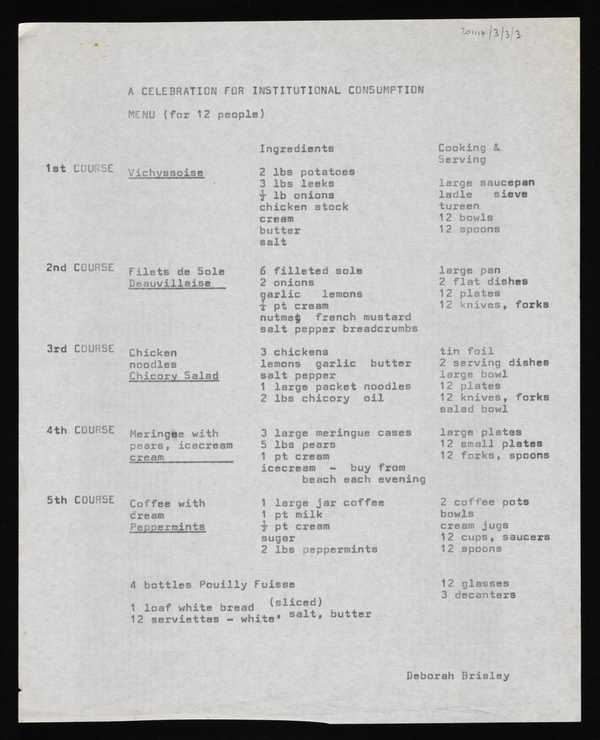 Typed document entitled, ‘A Celebration for Institutional Consumption ...