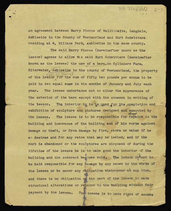 Lease between Harry Pierce and Kurt Schwitters‘, Unknown person(s ...