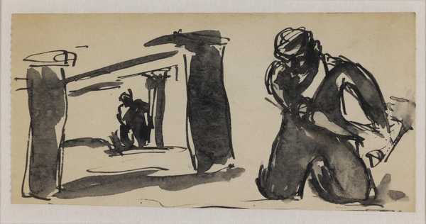 Sketch of a kneeling miner, with another miner distant in tunnel ...