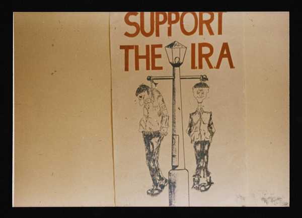 Colour photograph of a poster depicting two men hanging from a lamppost ...