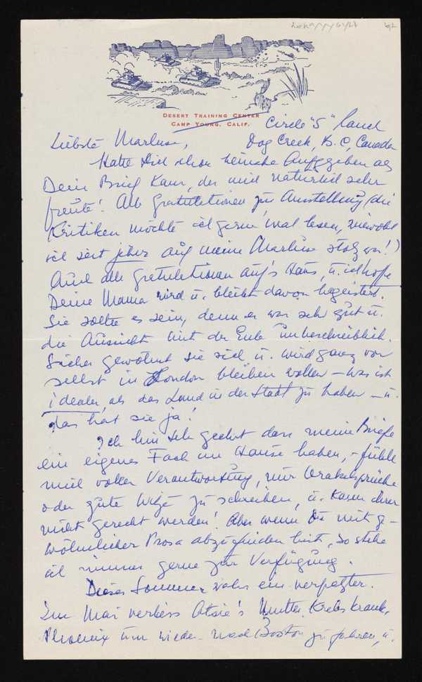 Letter from Renée Cushman, Dog Creek‘, Renée Cushman, recipient: Marie ...