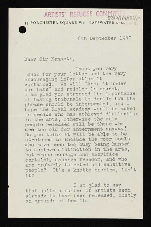Letter to Kenneth Clark from Helen Roeder at the Artists’ Refugee ...