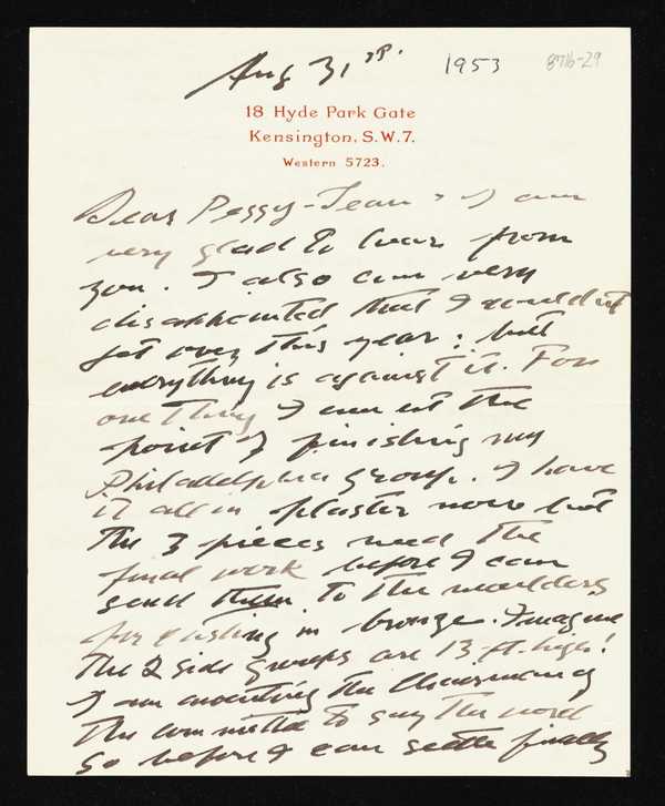 Letter from Jacob Epstein to Peggy Jean‘, Sir Jacob Epstein, recipient ...