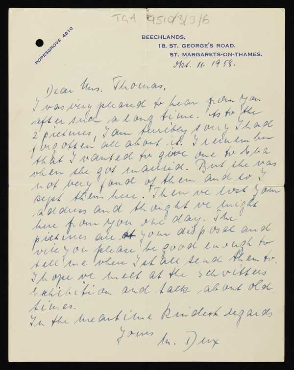 Letter from Dr Dux to Edith Thomas‘, Dr Walter Dux, recipient: Edith ...