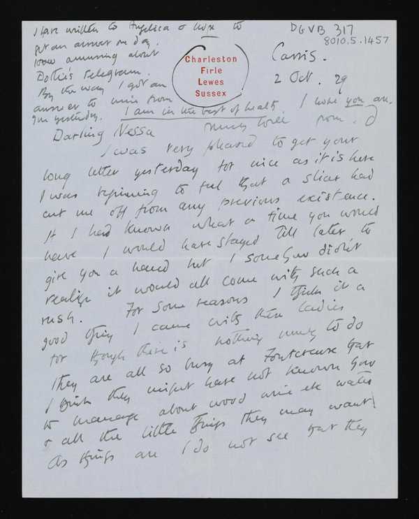 Letter from D. [Duncan Grant] to Vanessa Bell‘, Duncan Grant, recipient ...