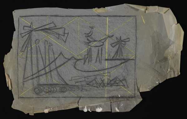 Drawing of figures under a canopy in a landscape by Cecil Collins ...