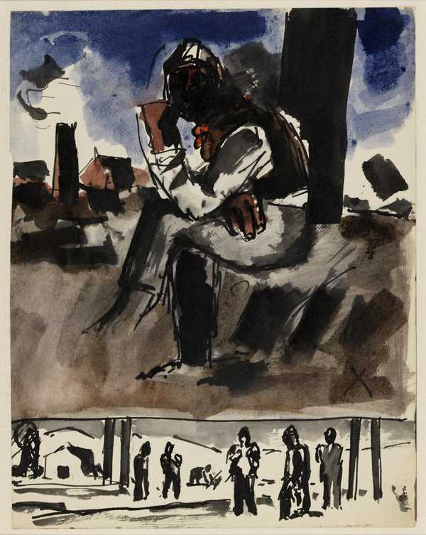 Sketch of a miner seated; figures in landscape‘, Josef Herman‘, Josef ...