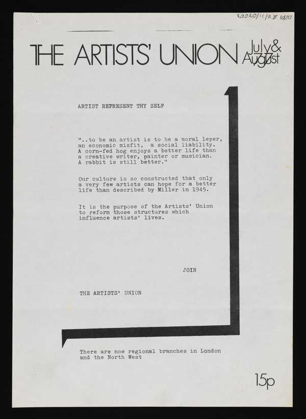 Booklet entitled, ‘The Artists’ Union July & August 77’‘, Conrad ...