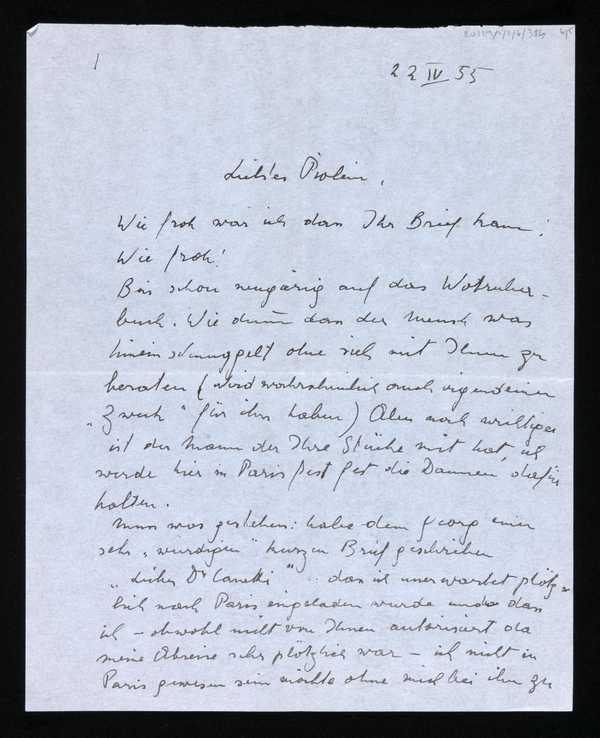 Letter to Elias Canetti‘, recipient: Elias Canetti, 22 April 1955 ...
