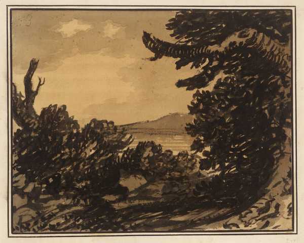 ‘Landscape with Trees, Distant Lake and Hills‘, Alexander Cozens | Tate