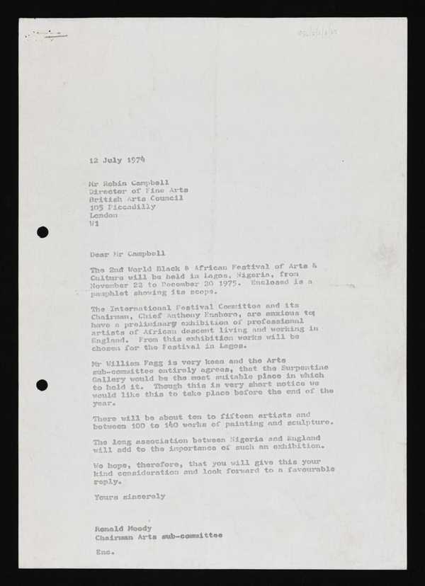 Letter from Ronald Moody to Robin Campbell, Director of Fine Arts at ...