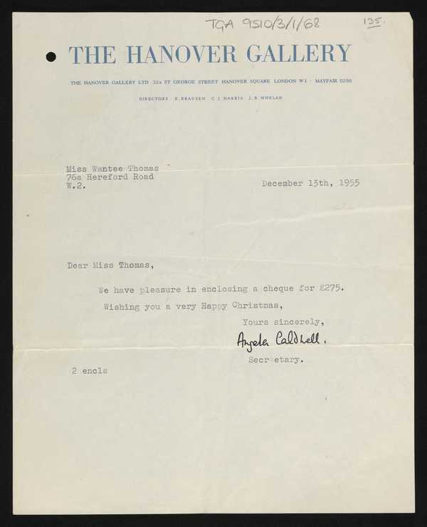 Letter from The Hanover Gallery to Edith Thomas (‘Wantee’) sent with a ...