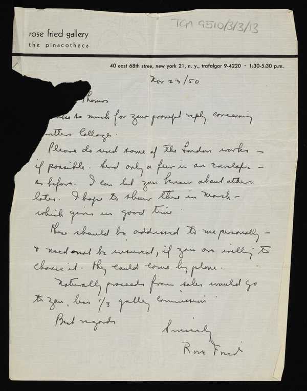 Letter from Rose Fried from The Pinacotheca gallery to Edith Thomas ...