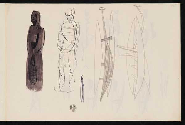 Four studies of abstract, standing figures in a row with two smaller ...
