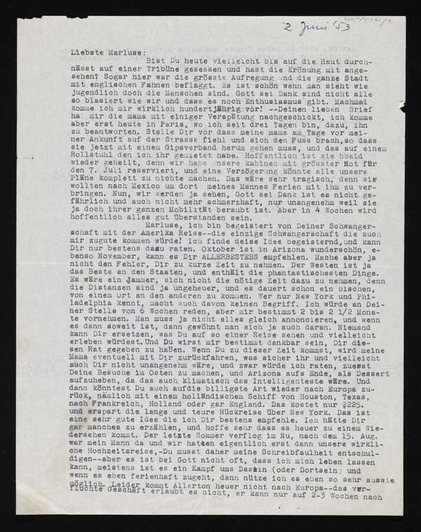 Letter from Renée Cushman‘, Renée Cushman, recipient: Marie-Louise Von ...