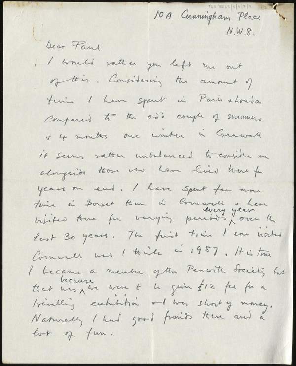 Letter from Roger Hilton to J.P. Hodin‘, Roger Hilton, recipient: Dr J ...