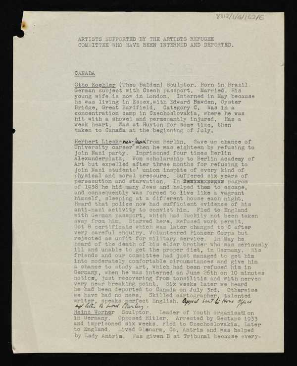 Document listing artists supported by the Artists’ Refugee Committee ...
