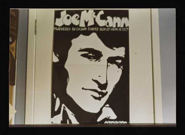 Colour photograph of a poster depicting a drawing of Joe McCann and the ...