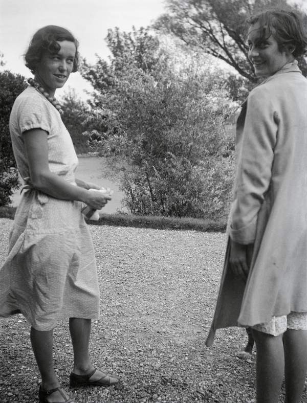 Black and white negative of Frances Marshall and Angelica Bell outdoors ...