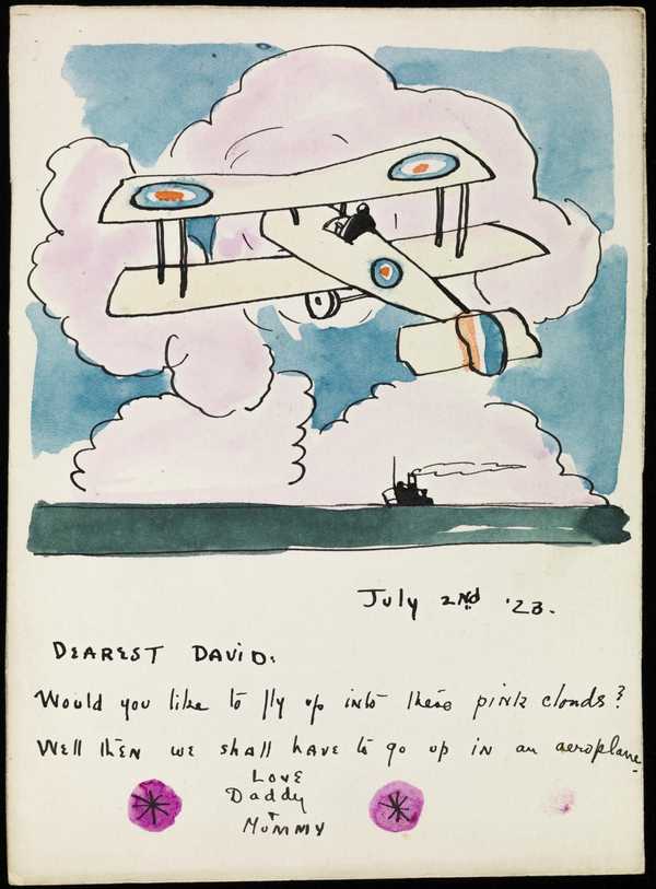 Postcard illustrated with a sketch of an aeroplane flying over pink ...