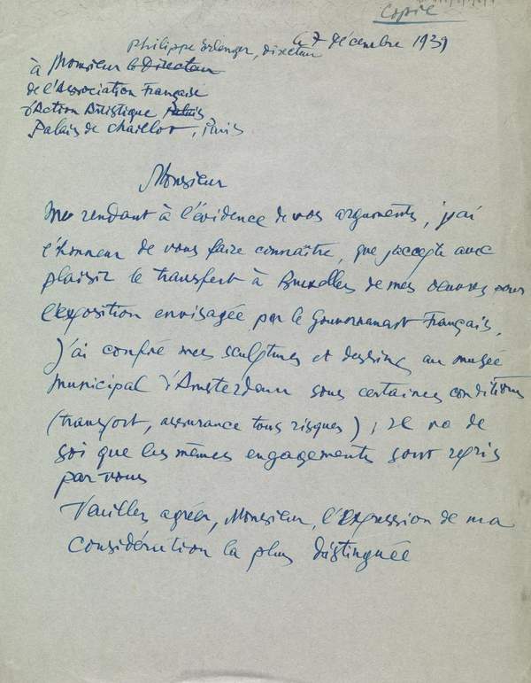 Copy of a letter from Jacques Lipchitz to Philippe Erlanger‘, Jacques ...