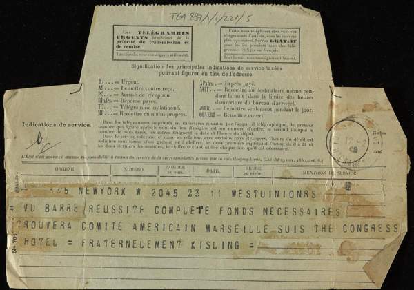Telegram from [Moise] Kisling, New York, to Jacques Lipchitz, Toulouse ...