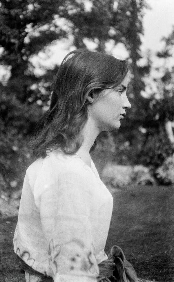 Black and white negative of Angelica Bell in profile, outdoors at ...