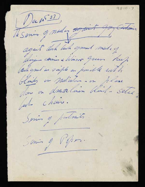 Loose sheet with notes by Francis Bacon and headed ‘The Series of Nudes ...