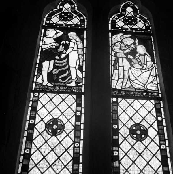 Photograph of detail of stained glass window in Rodbourne, Wiltshire ...