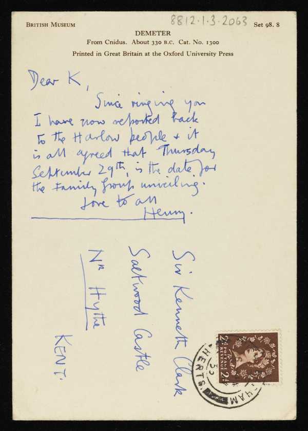 Postcard from Henry Moore to Kenneth Clark‘, Henry Moore OM, CH ...