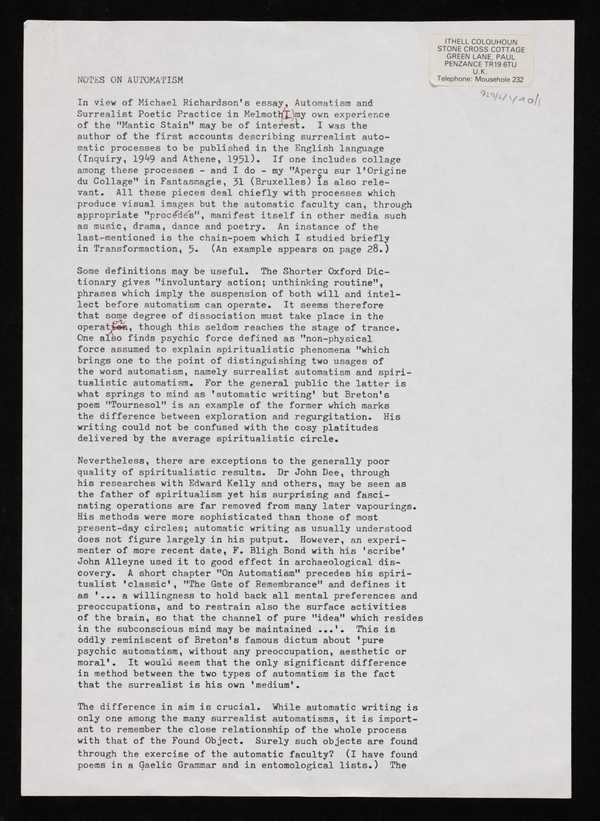 Writing titled ‘Notes on Automatism’‘, collection owner: Ithell ...