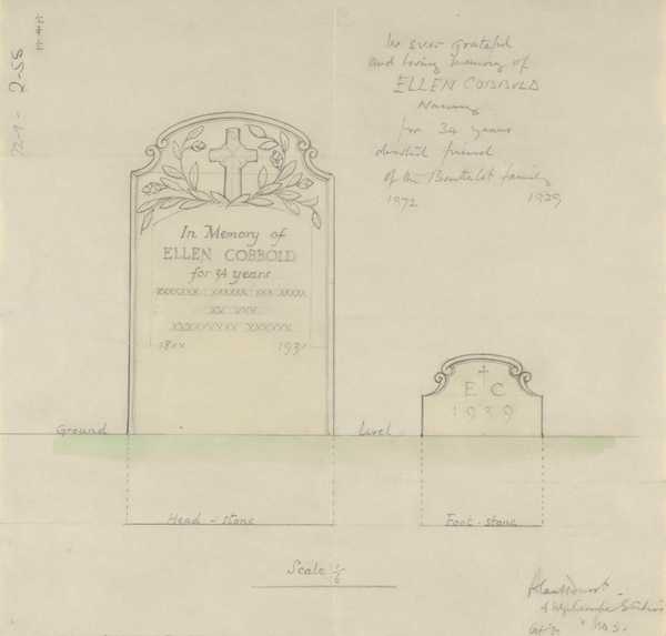 Design for head and foot stone for Ellen Cobbold, Stopham Church ...