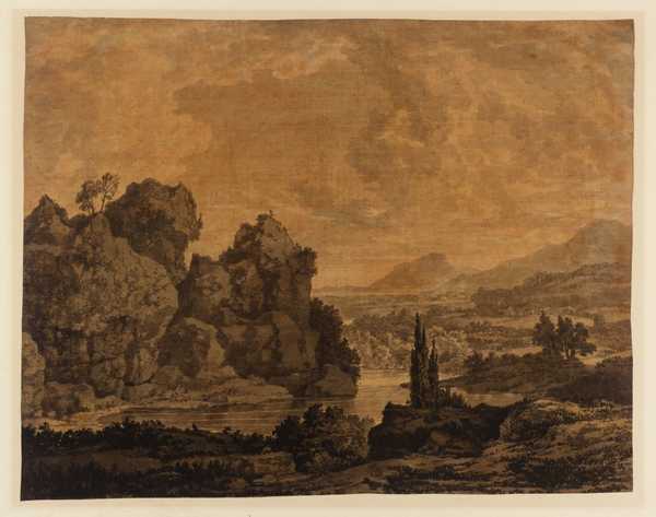 ‘Mountainous Landscape with Cypresses‘, Alexander Cozens, c.1770–80 | Tate