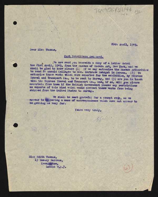 Letter to Edith Thomas from Geo. Gatey & Son with enclosed letter from ...