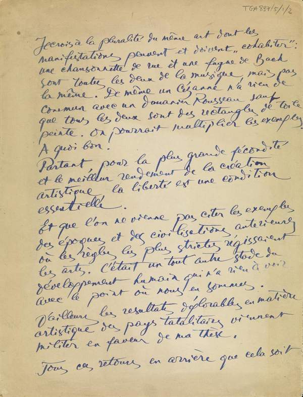 Text beginning with ‘Je crois a la pluralite...’‘, Jacques Lipchitz, 28 ...