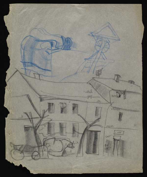 Sketch of a street with an animal harnessed to a cart‘, Felicia Browne, [c.May 1929]‘, Felicia ...