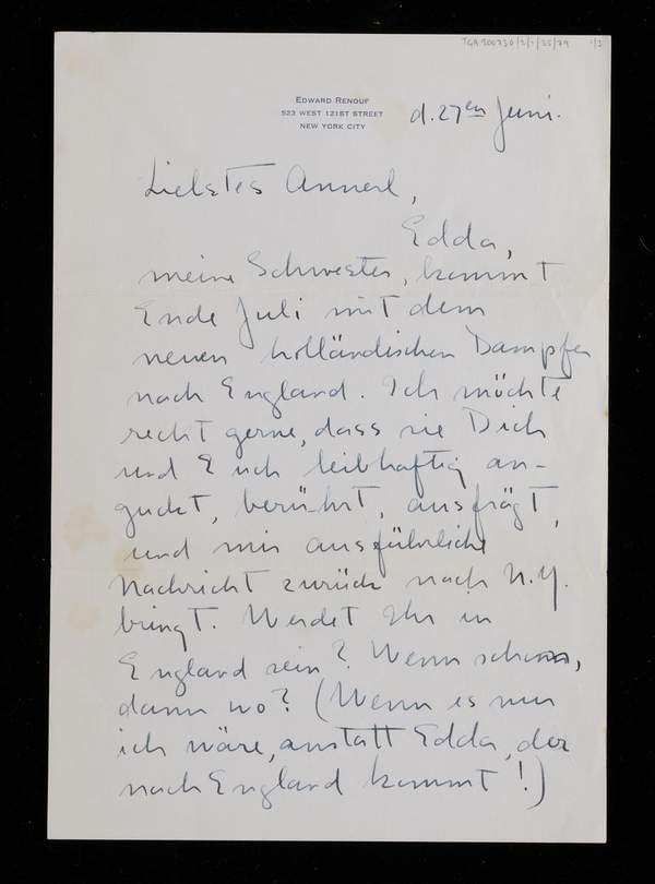 Letter from Edward Renouf to Anny Schey von Koromla‘, Edward Renouf ...