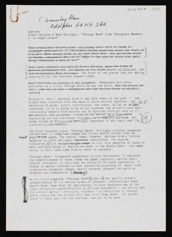 Annotated draft copy of a typed document entitled, ‘Caption: Stuart ...