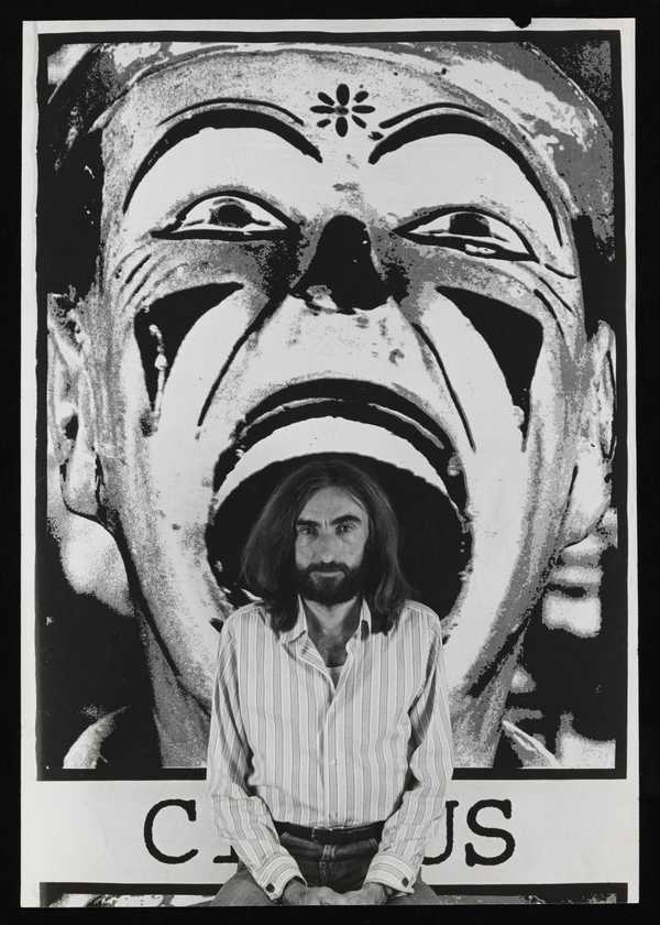 Black and white photograph of Ian Breakwell sitting in front of ‘Circus ...