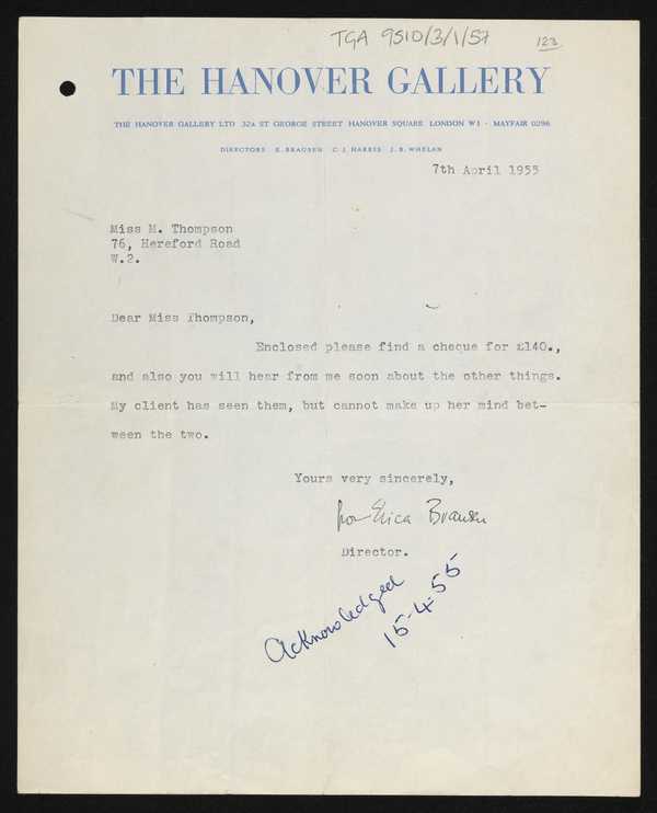 Letter to Edith Thomas from The Hanover Gallery about payment for some ...