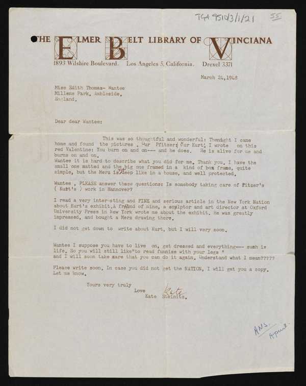 Letter from Kate Steinitz to Edith Thomas (‘Wantee’) about the loss of ...