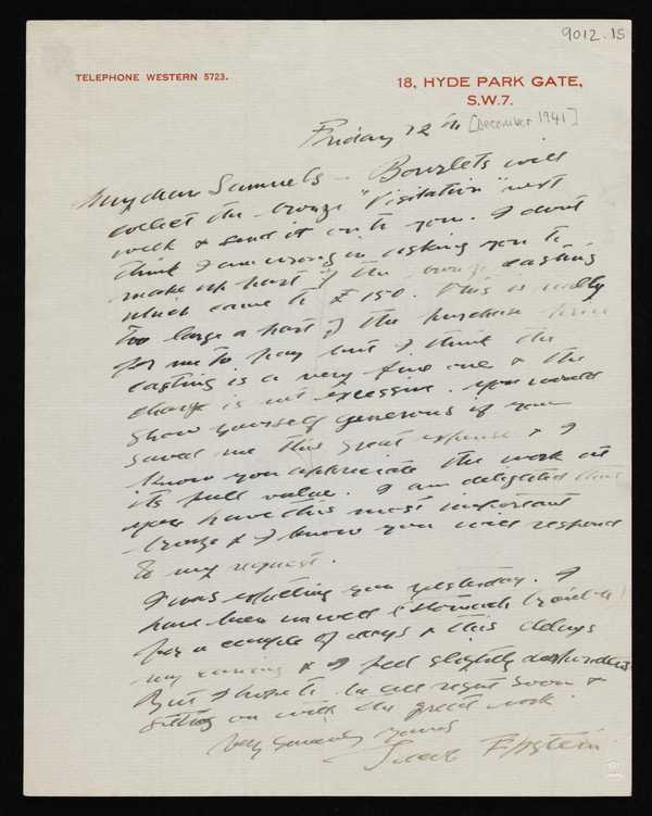 Letter from Jacob Epstein to Mr S. Samuels‘, Sir Jacob Epstein ...