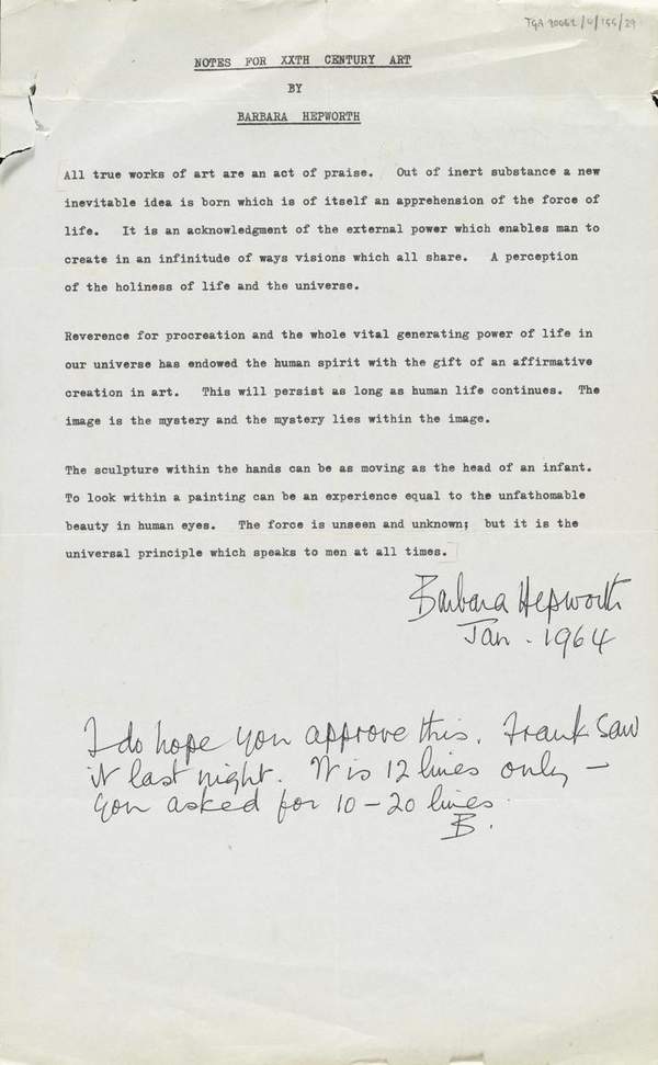 Signed statement from Barbara Hepworth to J.P. Hodin‘, Dame Barbara ...