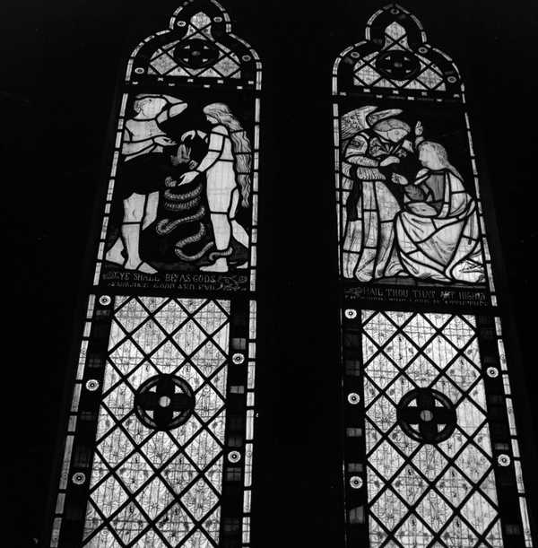 Photograph of detail of stained glass window in Rodbourne, Wiltshire ...