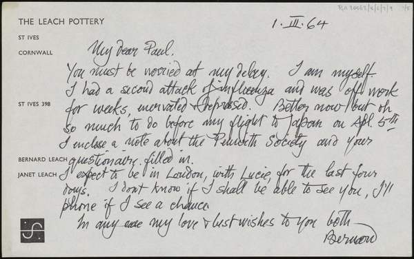 Letter and questionnaire sent by Bernard Leach to J.P. Hodin‘, Bernard ...