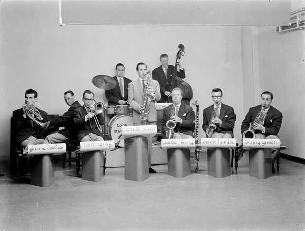 Photograph showing jazz musicians including Jimmie Deuchar, Ken Wray ...