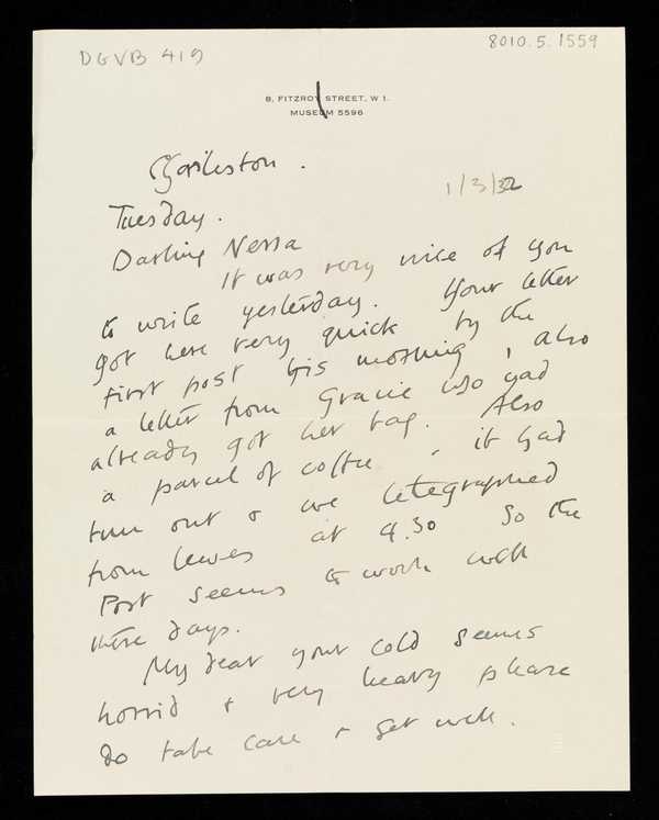 Letter from Duncan [Grant] to Vanessa Bell‘, Duncan Grant, recipient ...