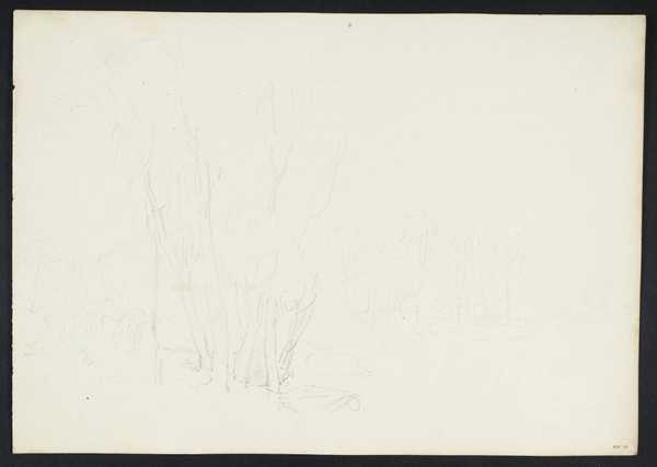 ‘Riverbank, ?Saxon Church to the Left and Trees by a Footbridge in ...