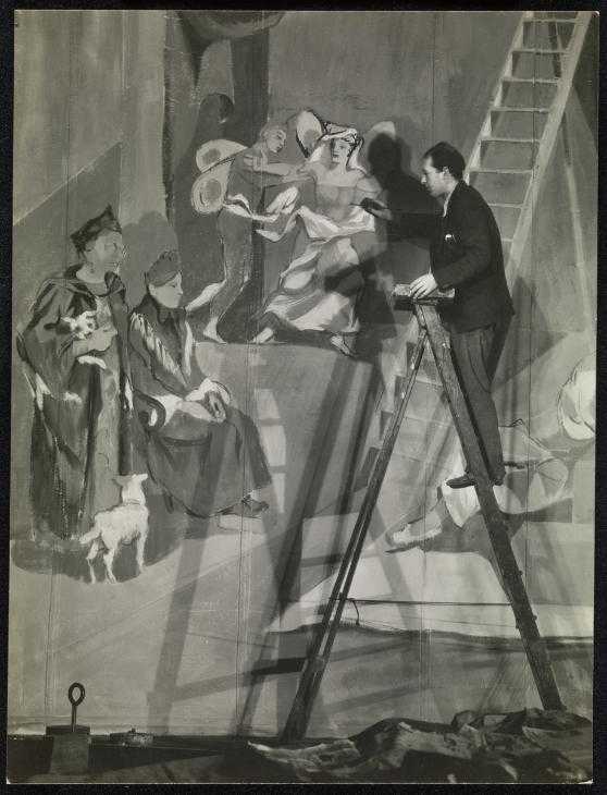 Photographs of Robert Medley painting the safety curtain at the Old Vic ...